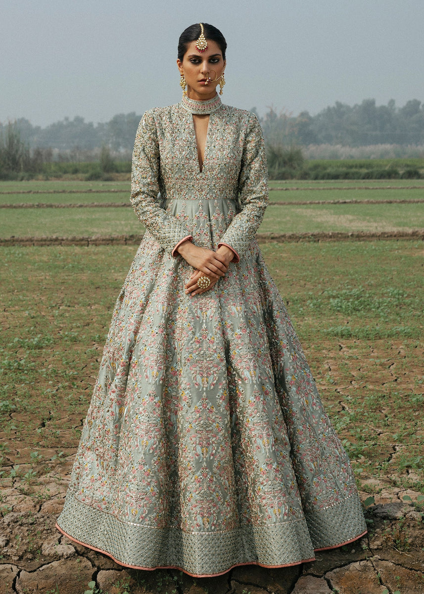 Pakistani Bridal Dress In Pishwas Style Golden and Silver Color Frock